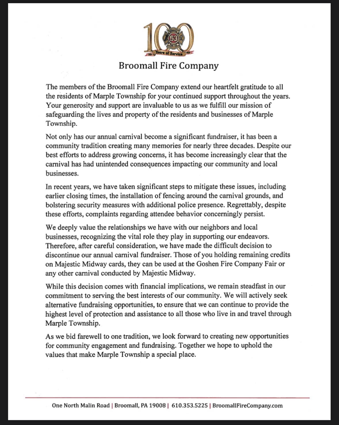 Important Message Regarding the BFC Carnival - Broomall Fire Company